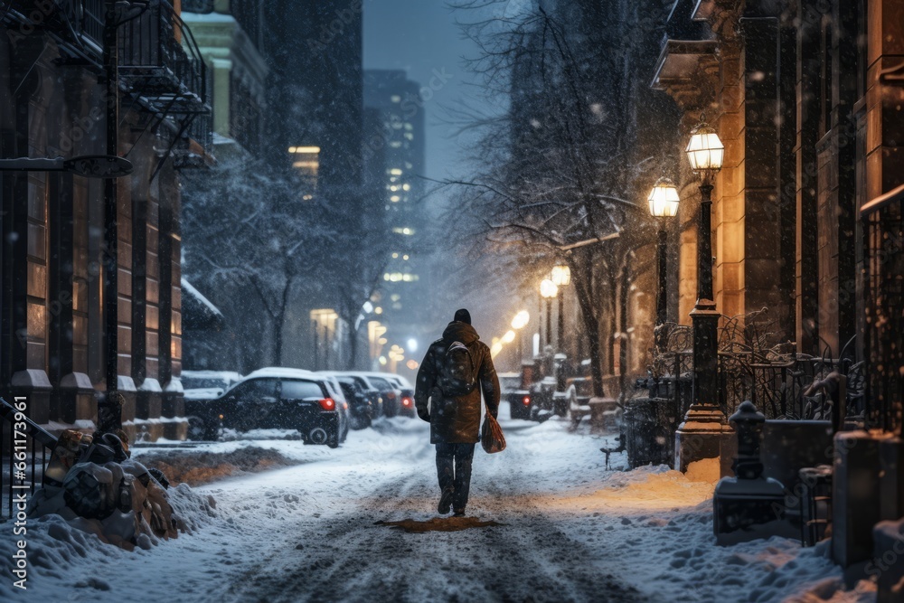 A person walks along a snowy city street at night, with city lights ...