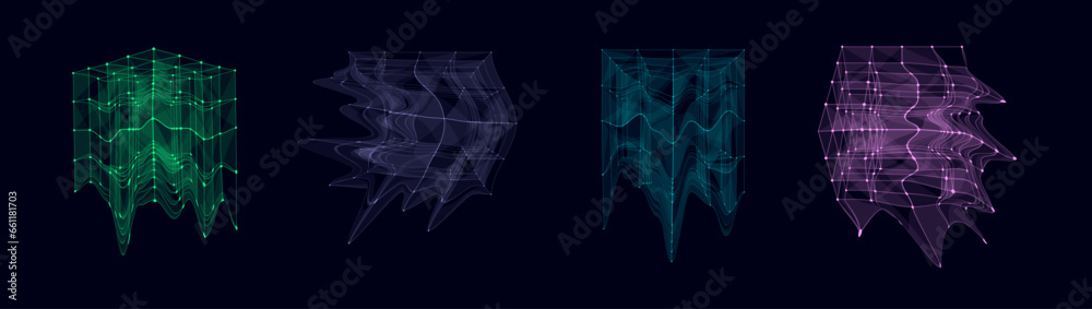 Collection of glitch cube of glowing particles and with explosion ...