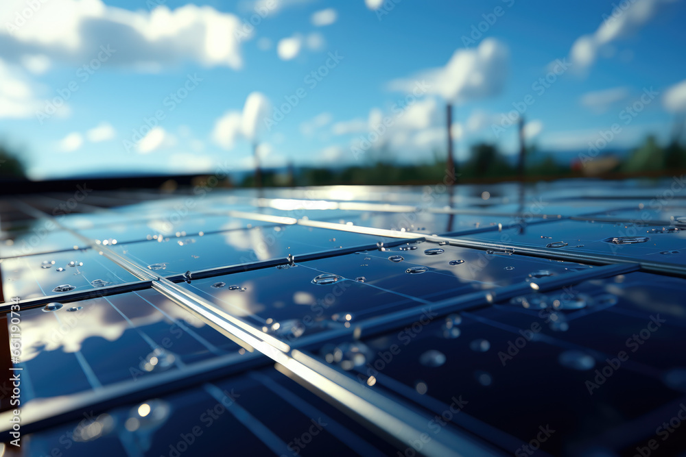 A grid of photovoltaic cells basking in sunlight, converting solar ...