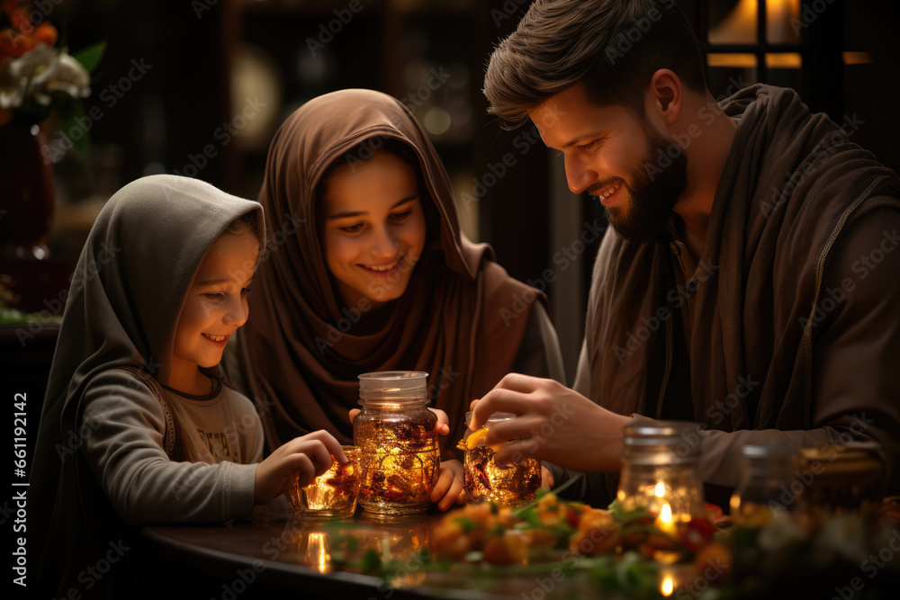 A Muslim family sharing a meal during Ramadan, emphasizing the ...