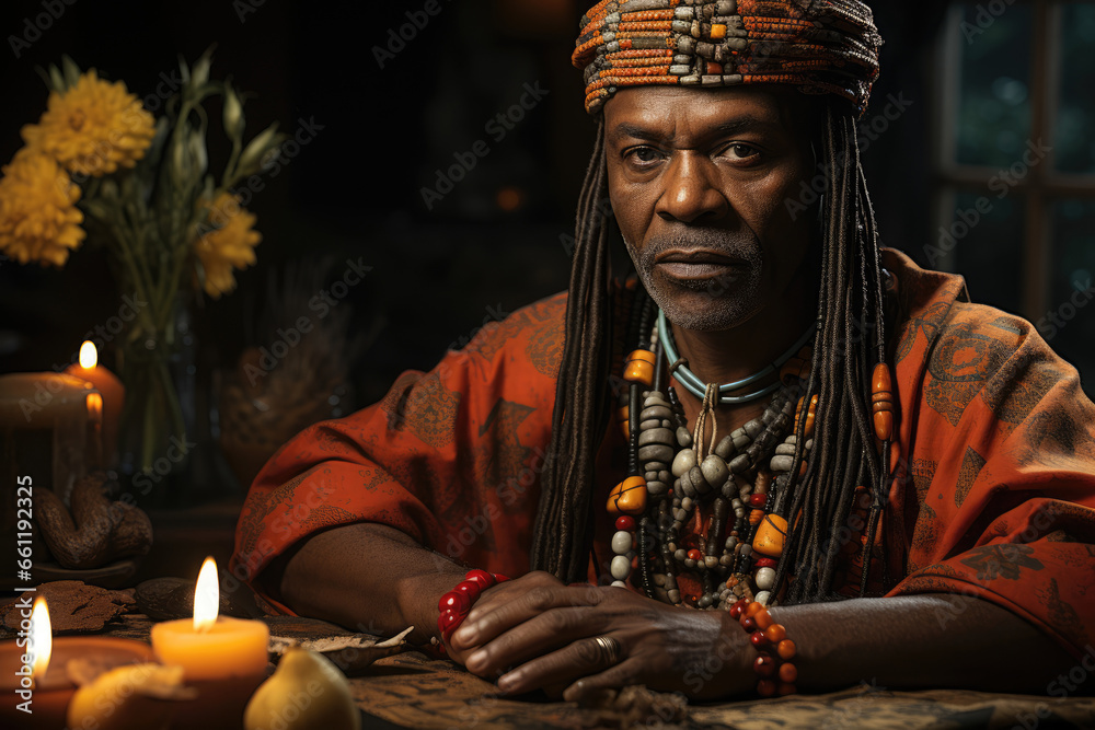 A Yoruba priest performing rituals to honor the Orishas, exemplifying ...