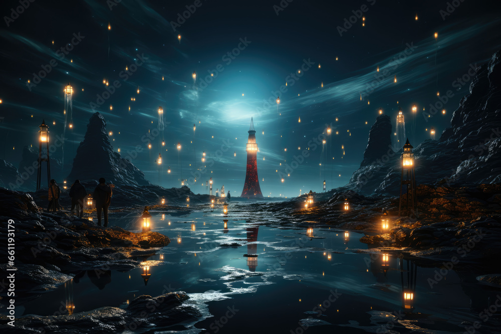A surreal landscape with towering, floating lighthouses illuminating a ...