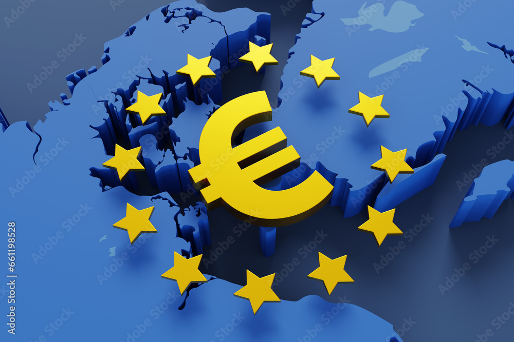 Poster Golden European Union logo hovering above world map of European ...