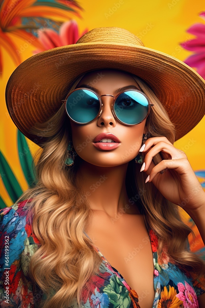 Funny Female Model wearing a Colorful Tropical Tourist Outfit. Simple ...