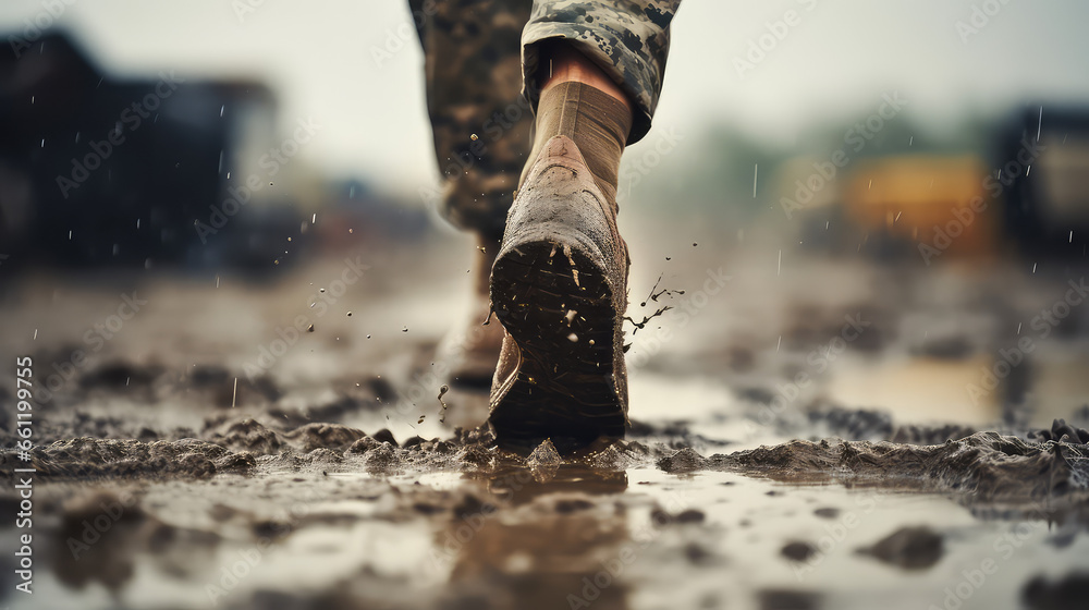 Close-up legs of military man running on wet muddy battlefield ground. Waterproof hiking shoes ...