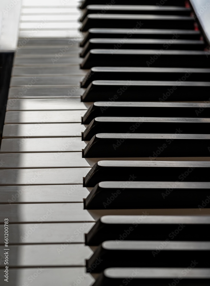 Classic grand piano keyboard background with selective focus. Side view ...