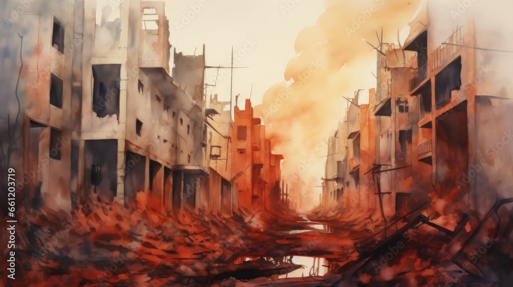 City destroyed by war, burning buildings in ruins, debris and rubble ...