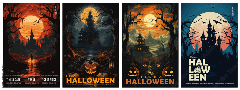 happy halloween. set of 4 retro style halloween poster, ghost, pumpkin ...