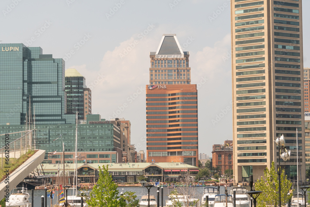 Baltimore, Maryland, US - July 26, 2023: Prominent buildings with logos ...