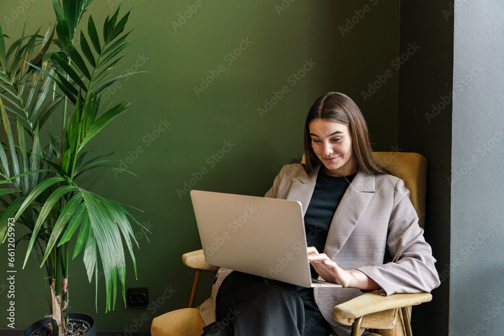 A copywriter is a happy person real estate agent. Beautiful office ...