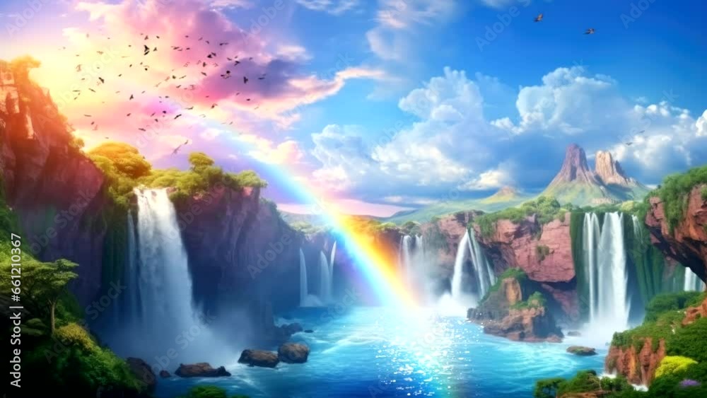rainbow on waterfall canyon beautiful view pure water video background ...
