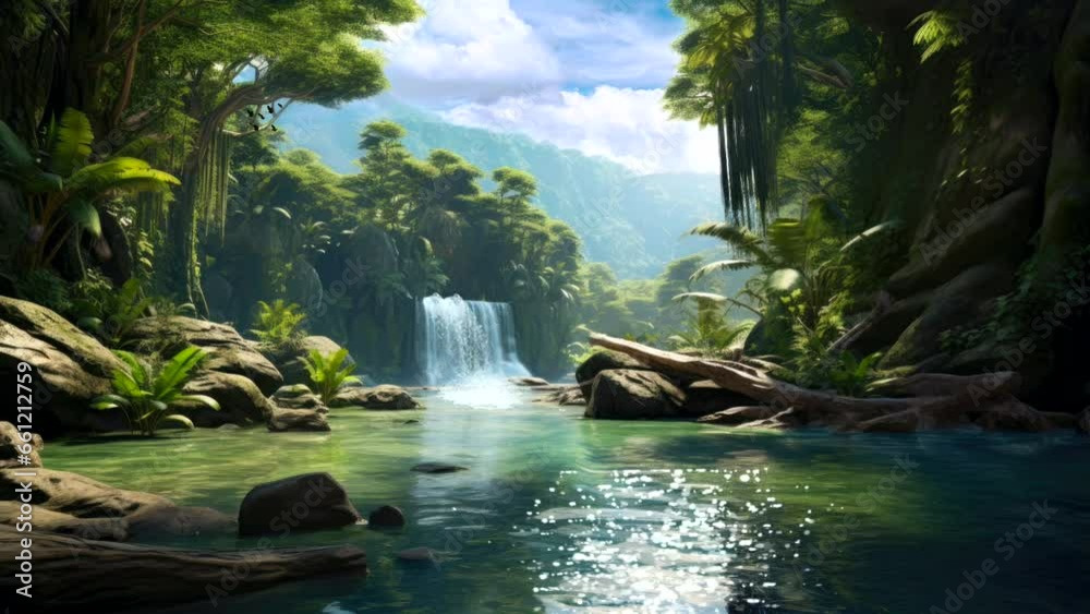 beautiful forest with waterfall and lake video background looping for ...
