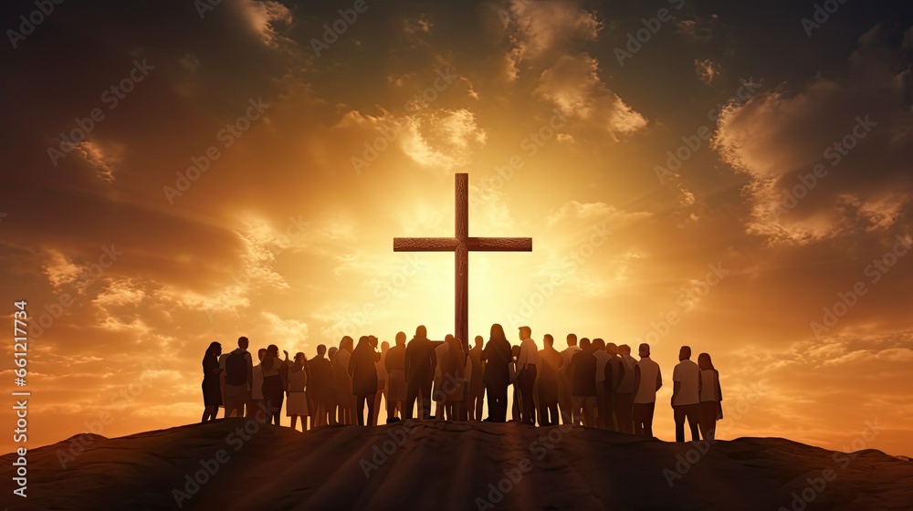 People are standing near the cross. Silhouettes of Christian men and ...