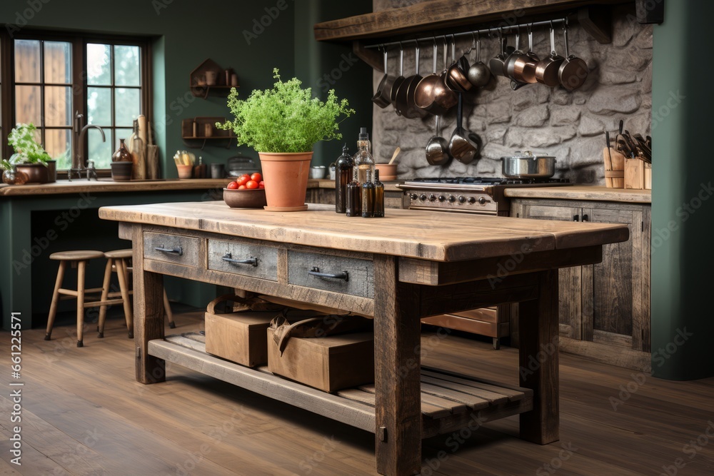 Farmhouse kitchen with a reclaimed wood island and vintage farm tools ...