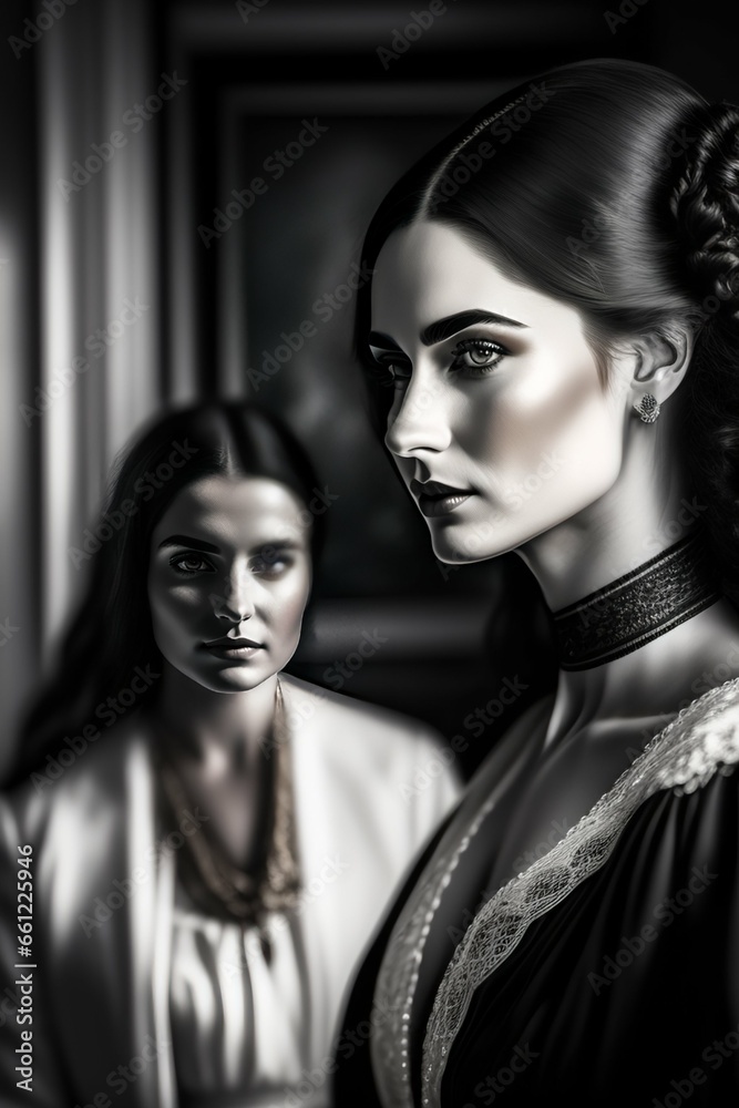 Victorian living room ghost and young woman, black and white ...