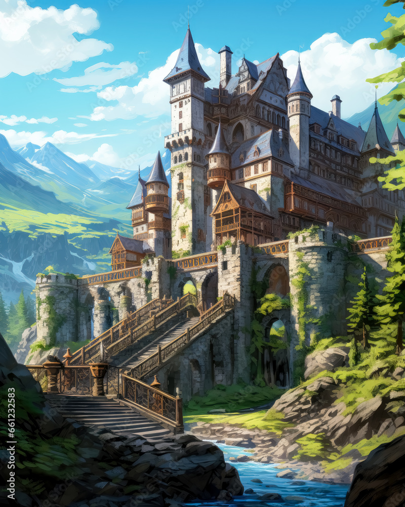 High Fantasy, Medieval Castle, game concept art. Stock Illustration ...