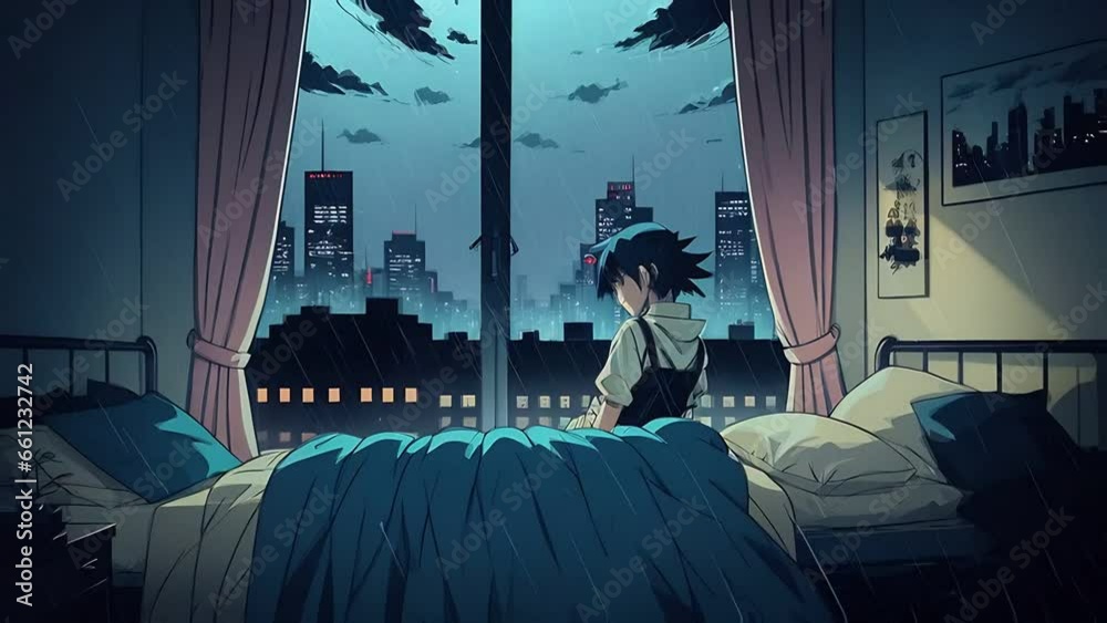 woman illustration bed raining outside window city lights animation ...
