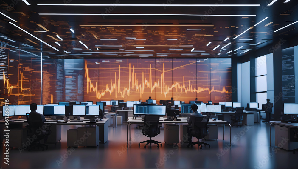 Businesspeople and workers at their office job, room full of modern ...