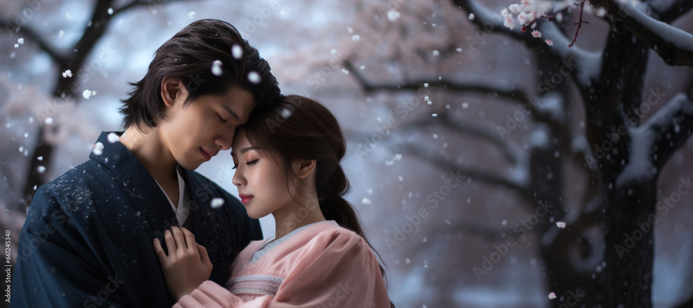 Young Asian couple embrace and smile happily among the cherry trees and ...
