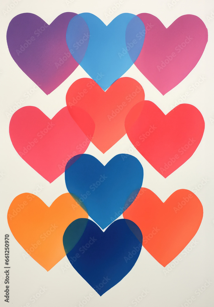Hearts overlapping — grainy risograph screenprint artwork with natural ...