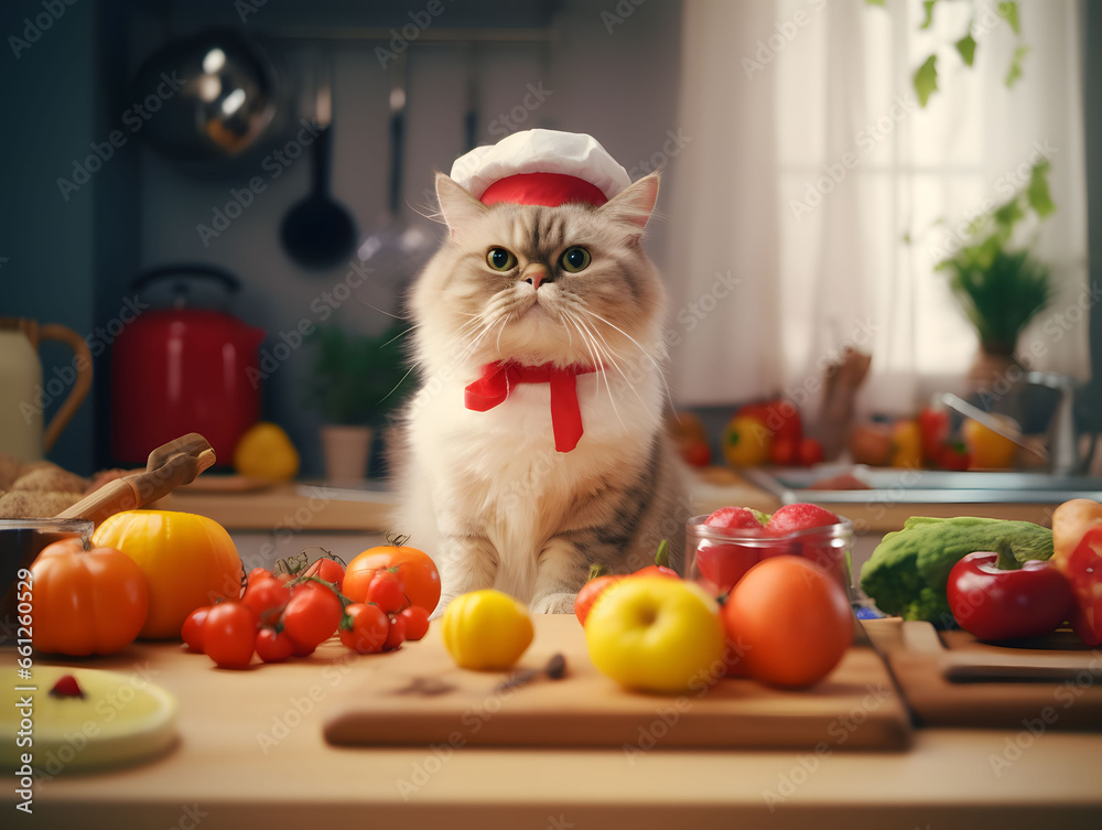 Fluffy kitten wearing chef hat and red ribbon on neck waiting by ...