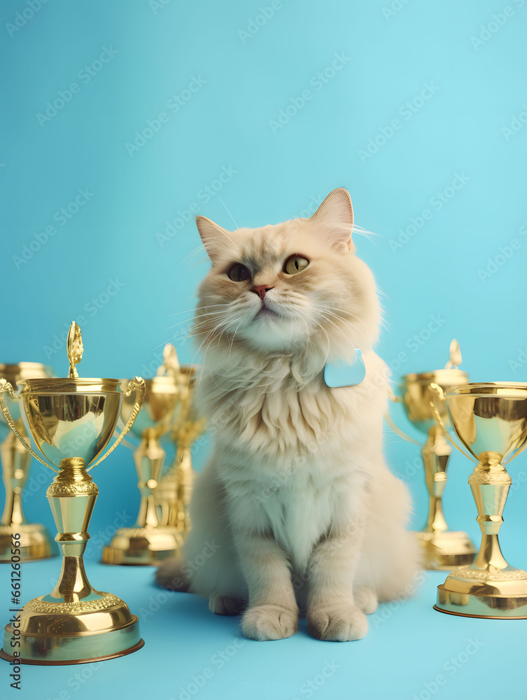Proud cat sitting in the middle of golden trophies on sky blue ...