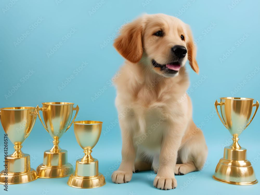 Happy dog sitting in the middle of golden trophies on sky blue ...