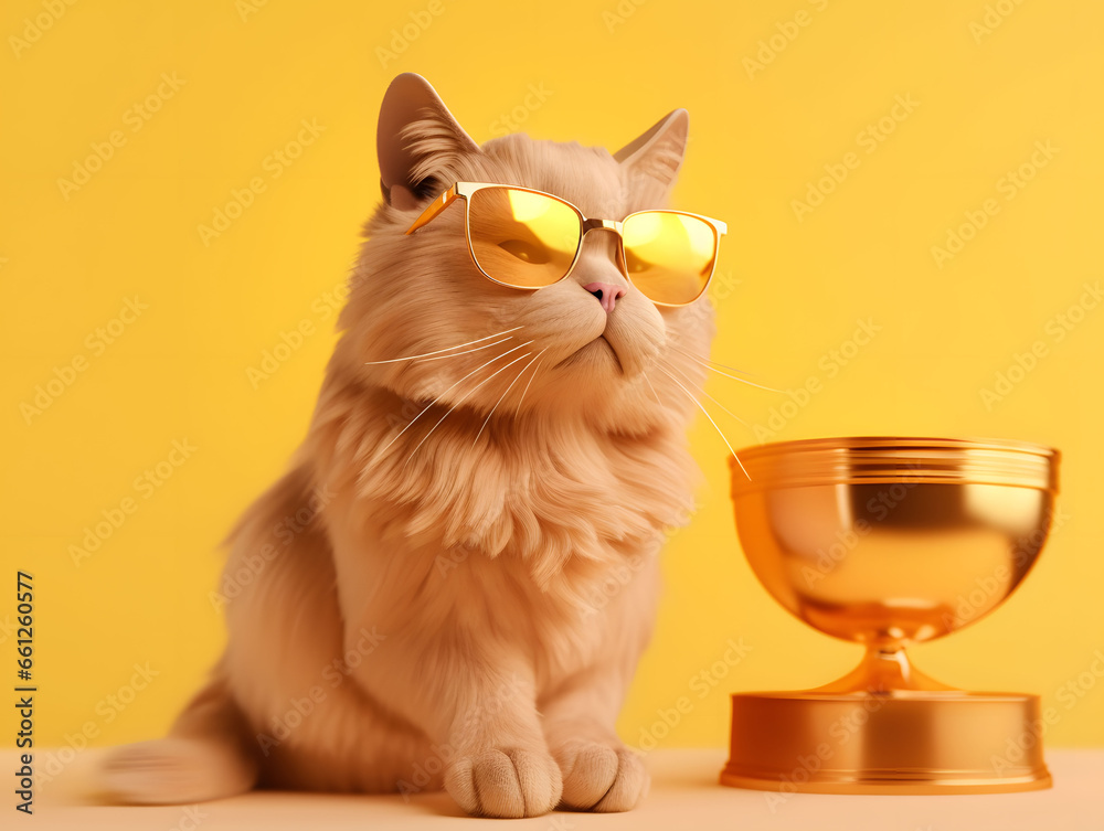Cool cat wearing sunglasses sitting next to golden trophy on yellow ...