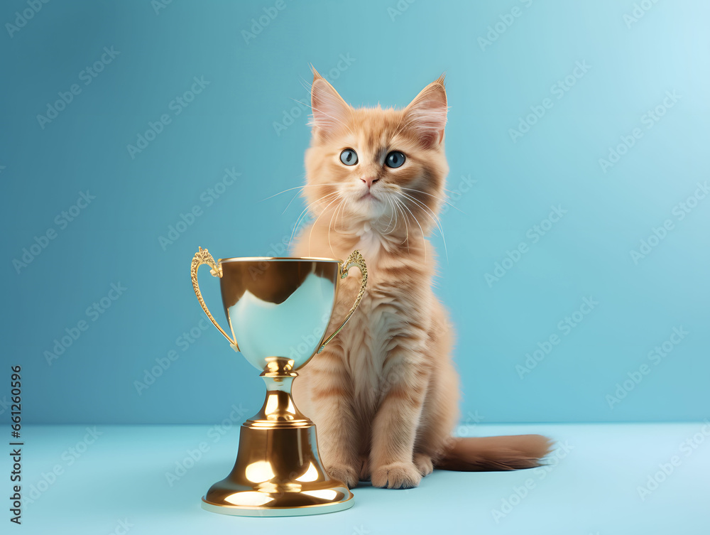 Adorable kitten sitting next to golden trophy on sky blue background ...