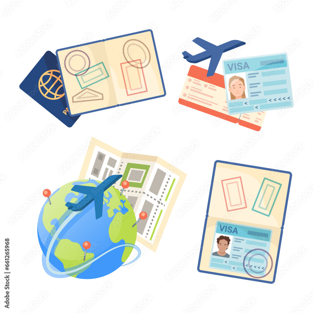 Passports with visa, tickets, globe with itinerary on map, airplane ...