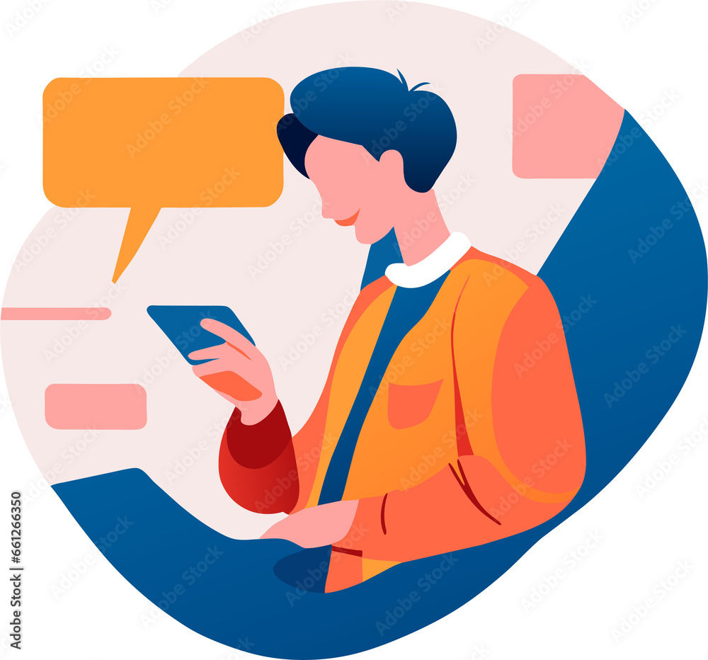 Cartoon character with mobile phones. Flat vector illustration. Message ...