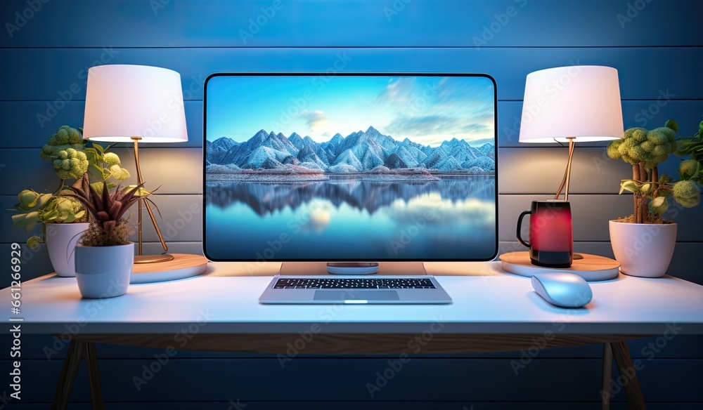 computer workstation with white monitor and phone on a blue table mock ...