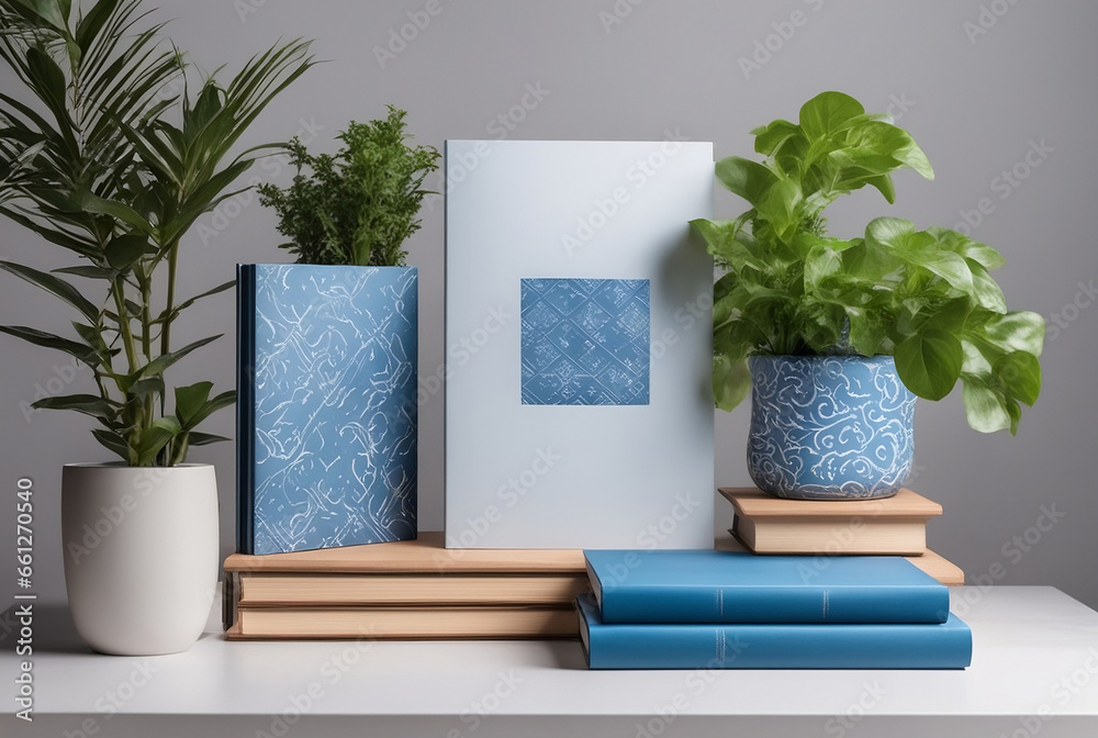 hard cover book design mockup photograph ;blue and white color shaded ...