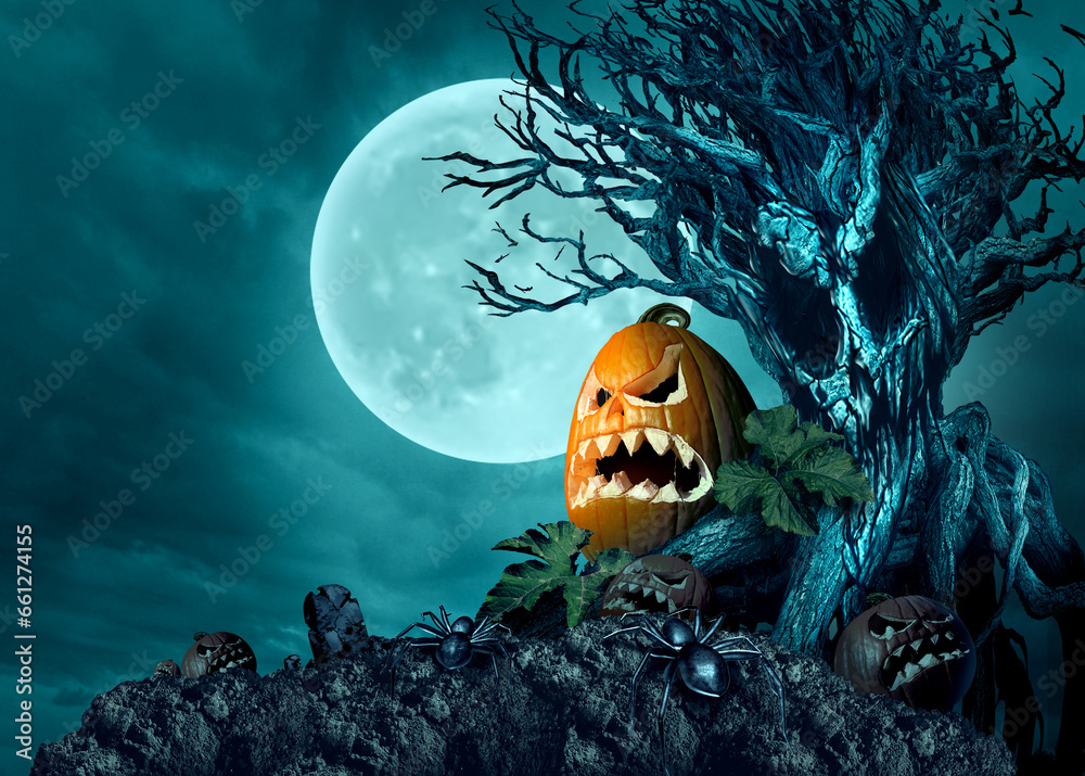 Halloween creepy Pumpkin Tree as a haunted ghost at night shaped as a ...