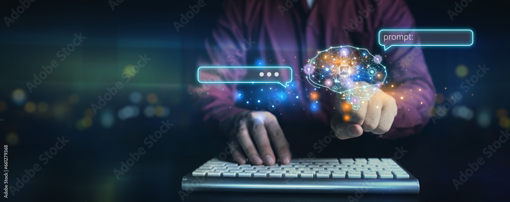 Person typing message on application talking to AI or artificial ...