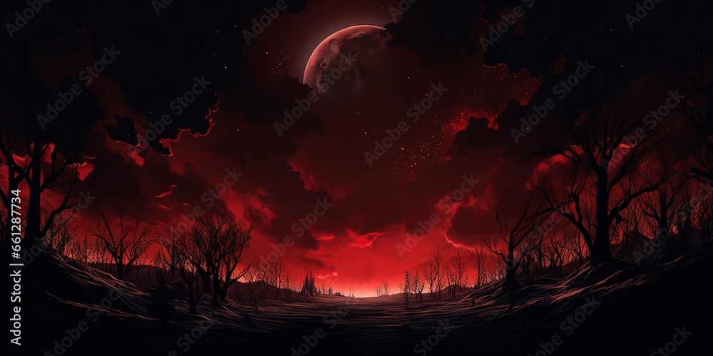 A mysterious and striking image of a dark red moon hanging in the vast ...