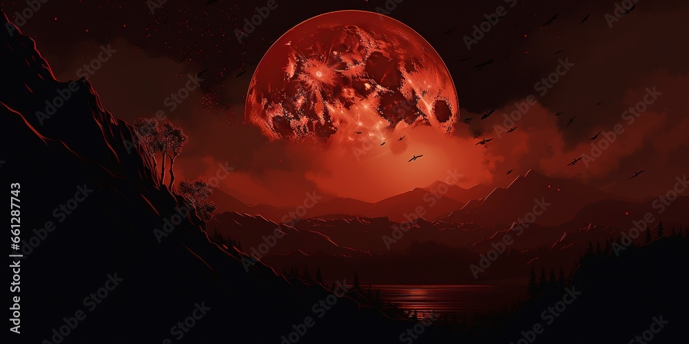 A mysterious and striking image of a dark red moon hanging in the vast ...