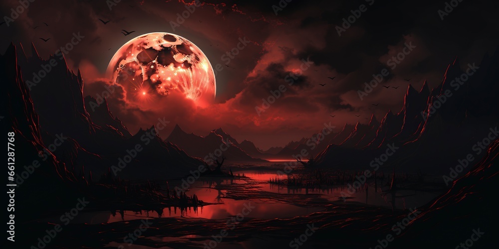 A mysterious and striking image of a dark red moon hanging in the vast ...