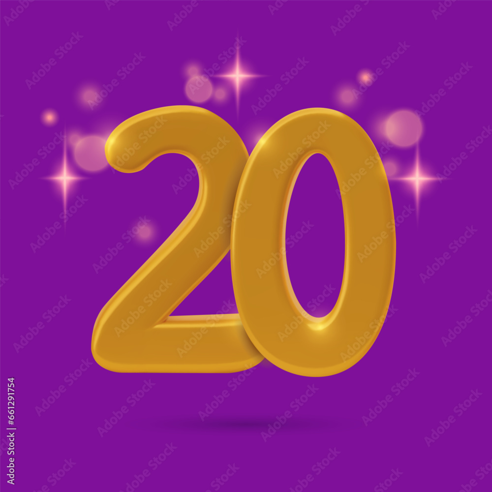 3D number twenty. Gold 20th anniversary on purple background with ...