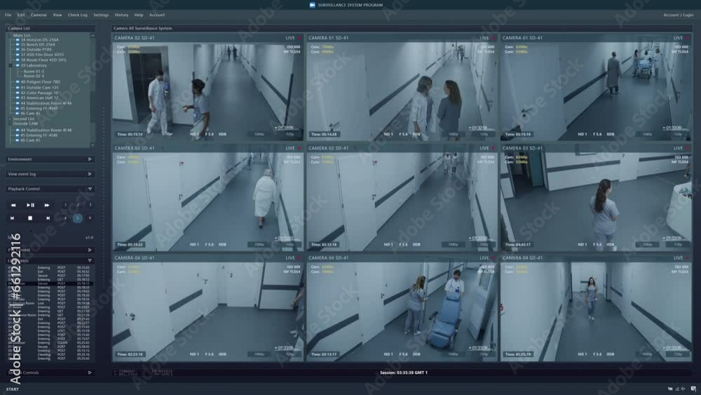 Playback CCTV cameras in hospital on PC screen. User interface of ...
