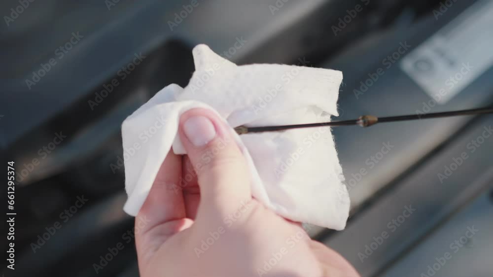 Check the oil level on the oil dipstick, wipe the dipstick with a ...