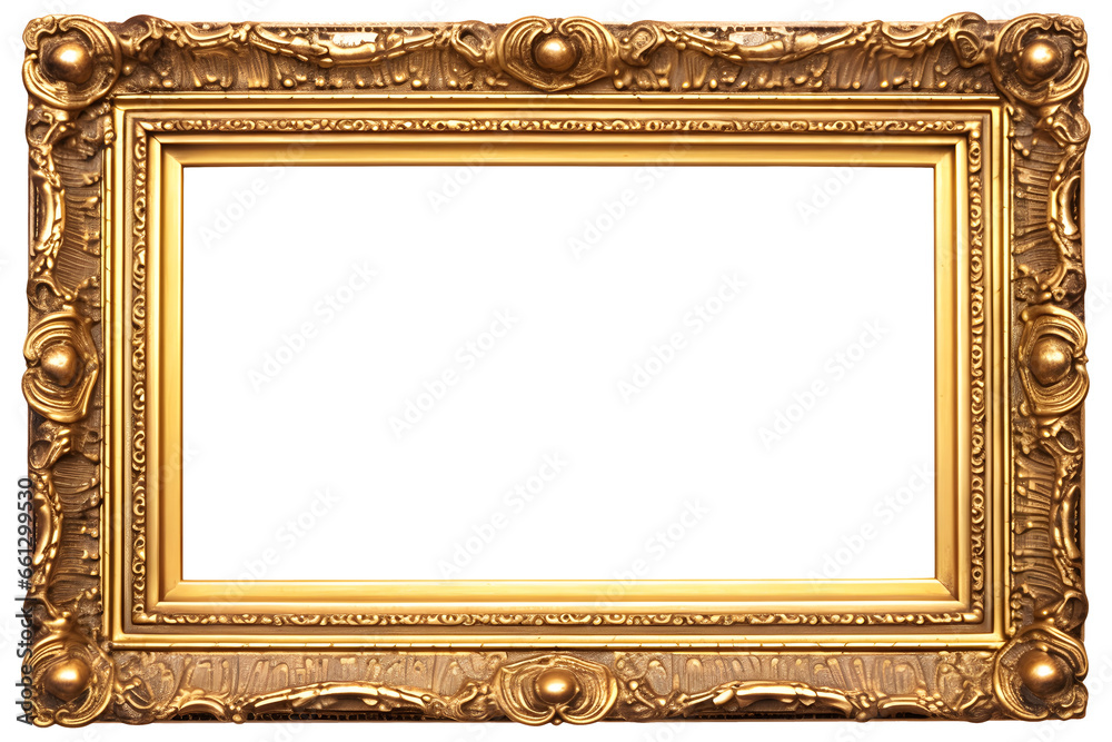 empty antique gold picture frame isolated on transparent background, cut-out home decor ...