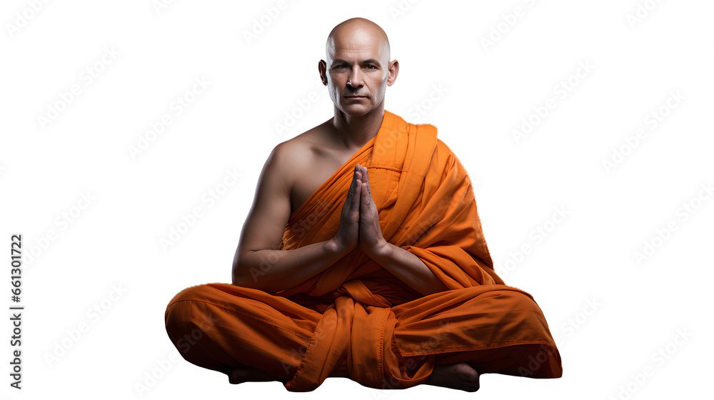 bald Buddhist monk with orange robe sitting in the lotus pose. Isolated ...