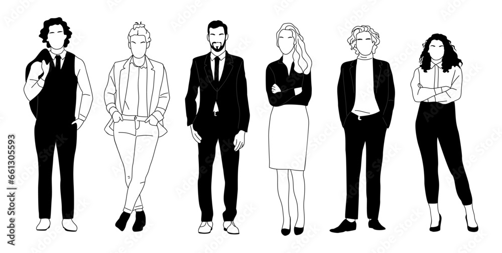Business team members standing. Set of different men, women characters ...