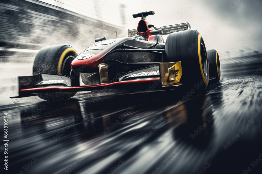 A generic race car moving at high speed around a corner on a racetrack ...