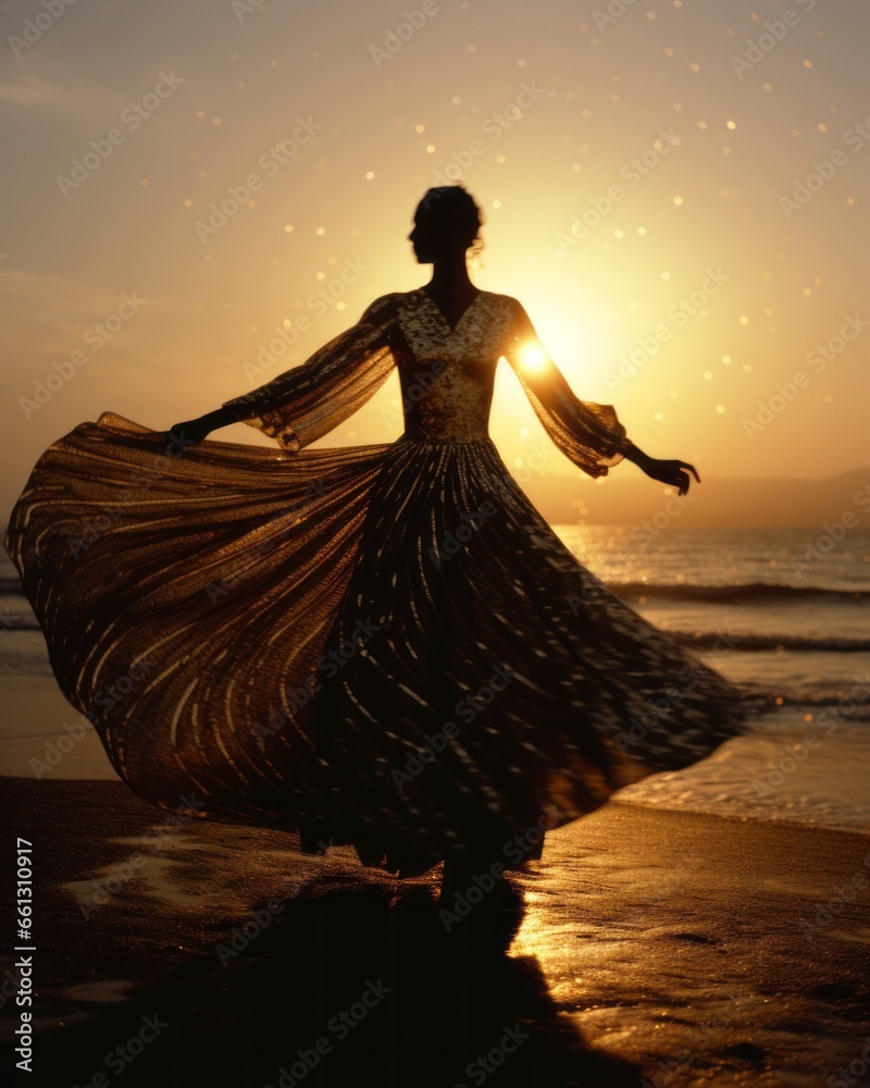 Silhouette Photograph of model woman on beach at sunset wearing golden ...
