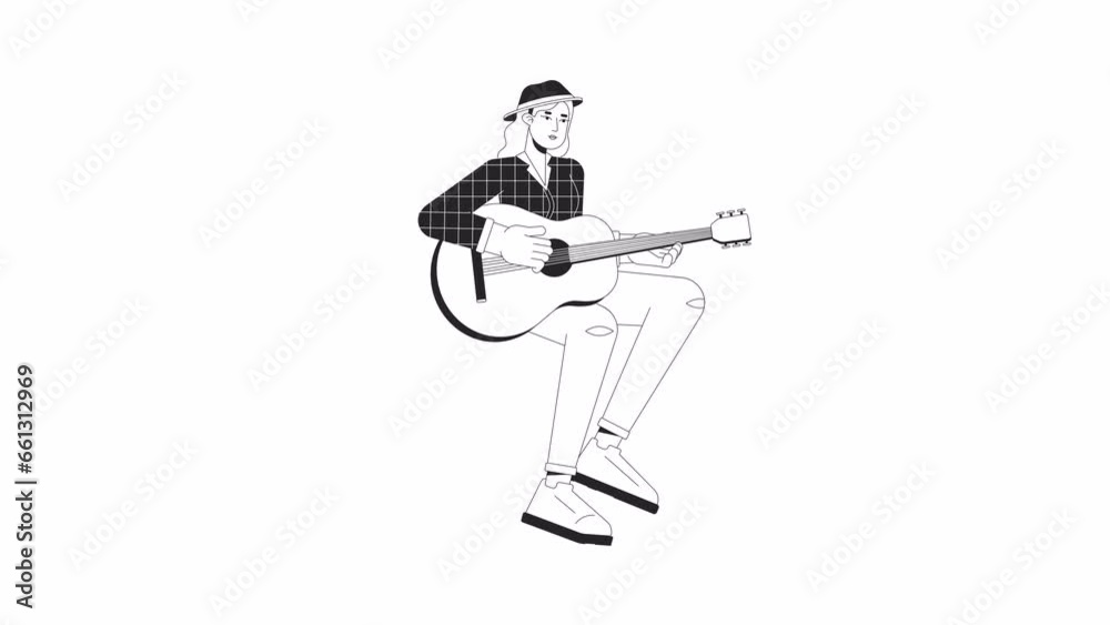 European adult woman country singer playing bw outline 2D character ...