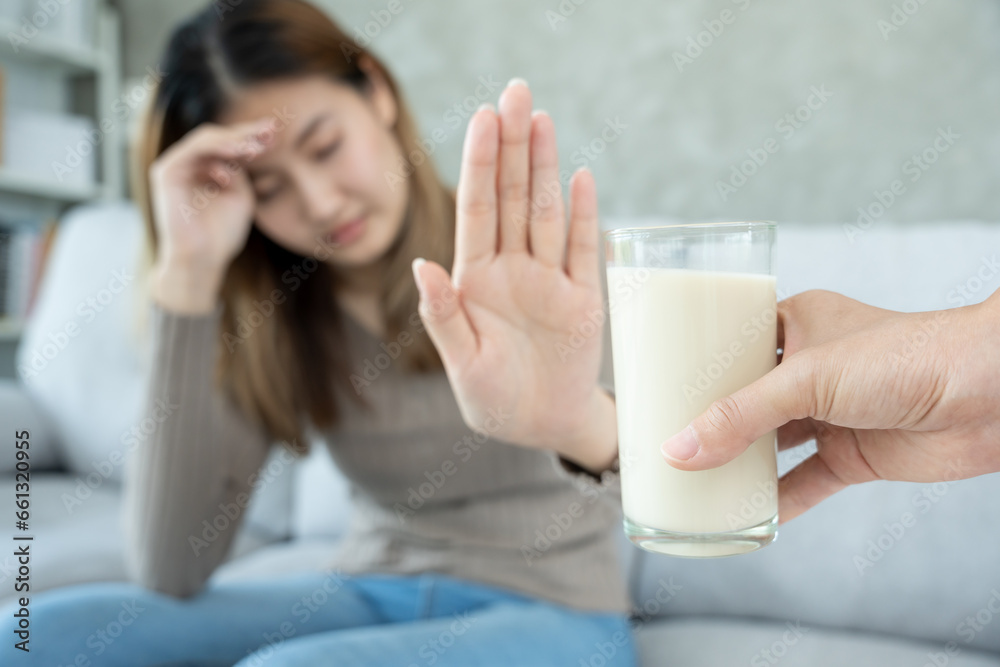 Milk allergens, Sick sad unhealthy, woman confuse drink milk, runny ...
