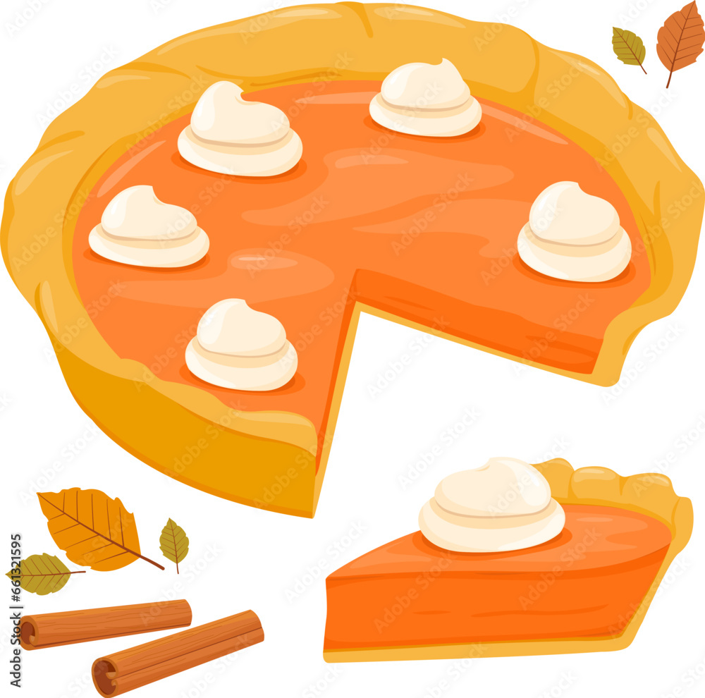 Pumpkin pie and piece of pumpkin pie with whipped cream. Thanksgiving ...