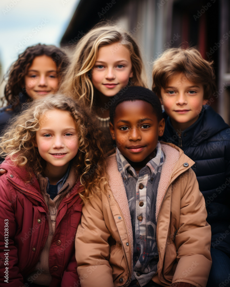 Close-up of a Group of Children in Outdoor Blurred Background. Portrait ...